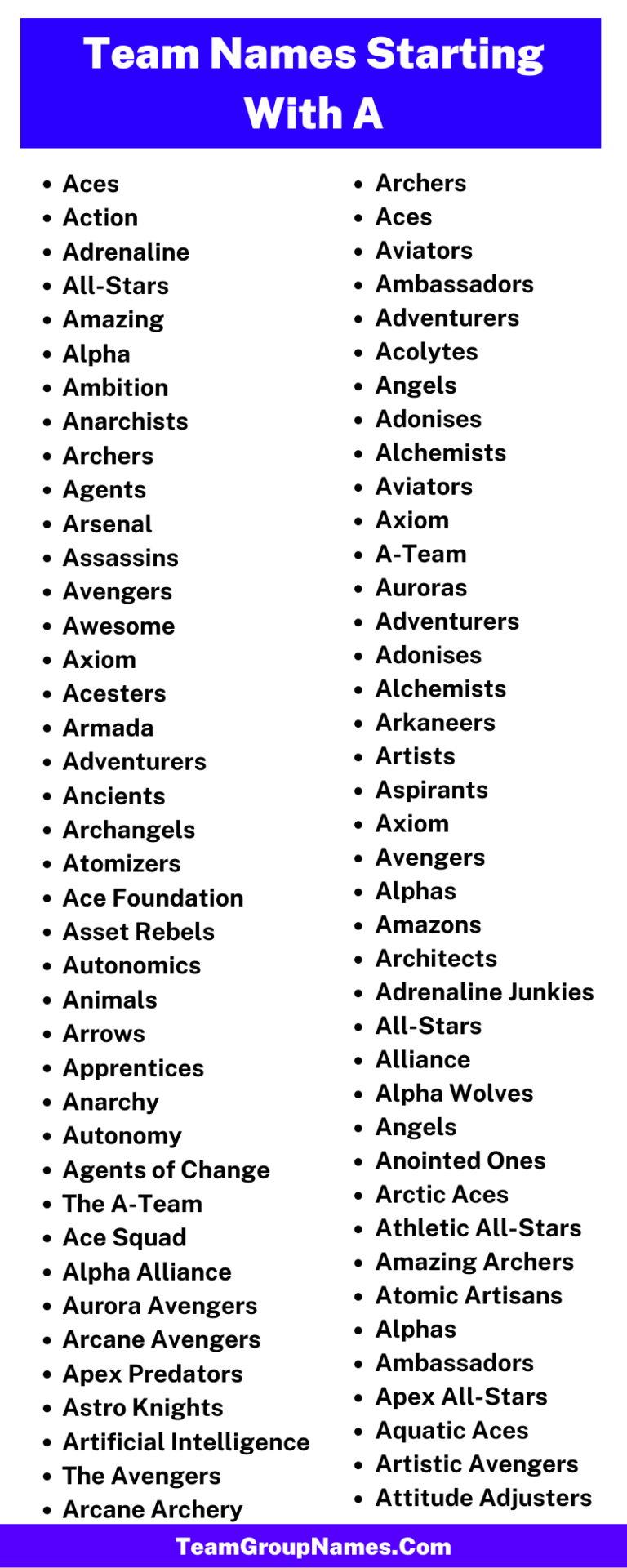 350+ Team Names Starting With A